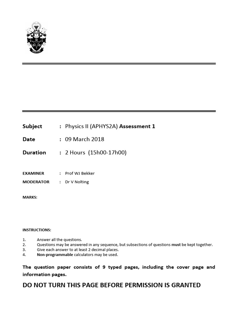 2018 SEM1 - APHYT2A - ASSESSMENT 1 With MEMO | PDF | Electrical Network | Inductor
