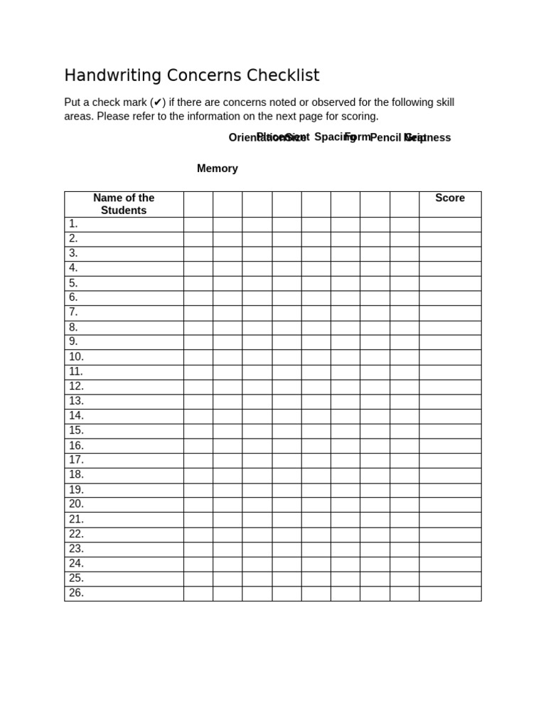 Handwriting Skills Concern Checklist | PDF