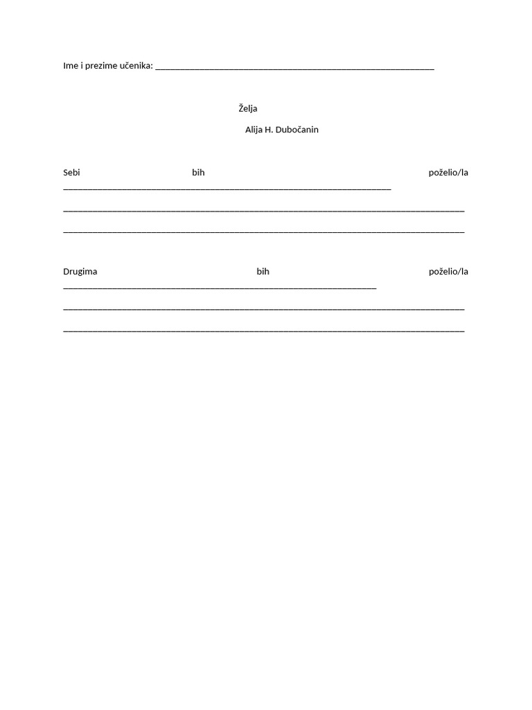 Nastavni List Za Vrednovanje Želja 1. Sat | PDF