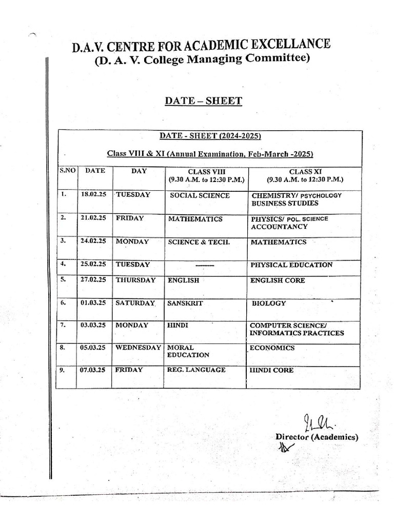 Date Sheet Class Viii, Xi | PDF