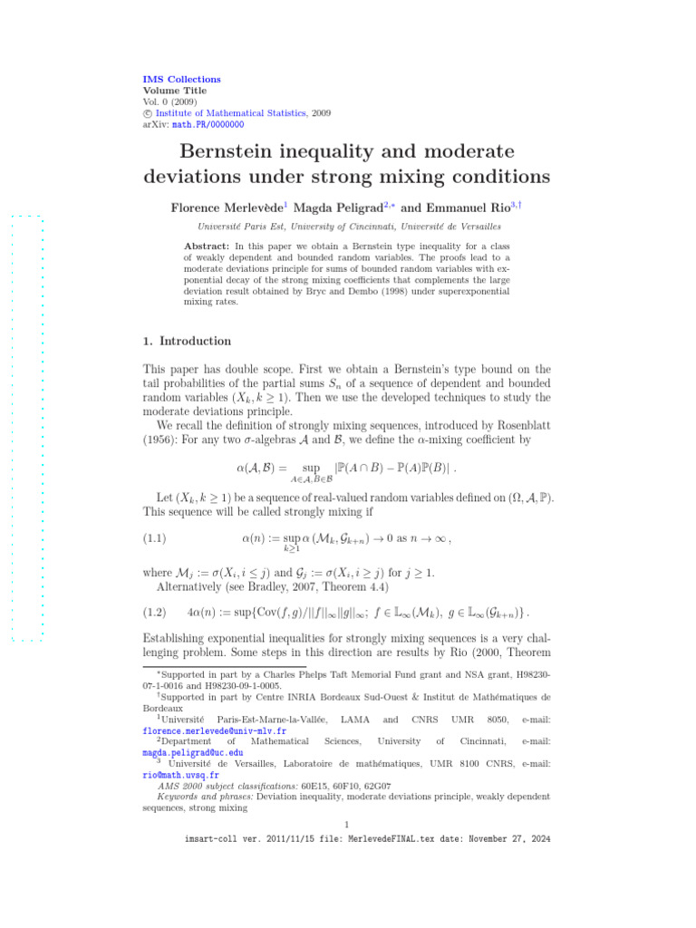 Bernstein Inequality and Moderate Deviations Under Strong Mixing Conditions | PDF | Convolution ...