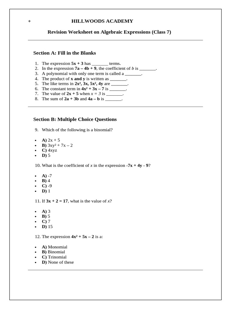 Class 7 Algebraic Expressions Worksheet | PDF
