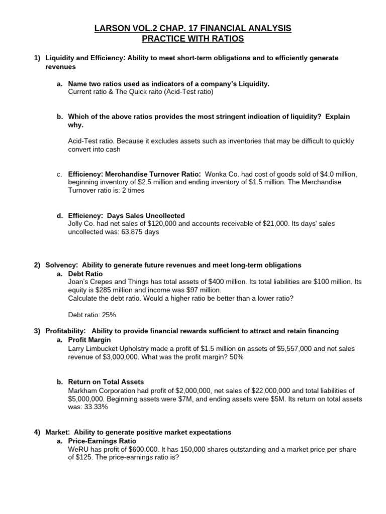 Practice Exercise - Financial Analysis - With Answers | PDF | Revenue | Market Liquidity