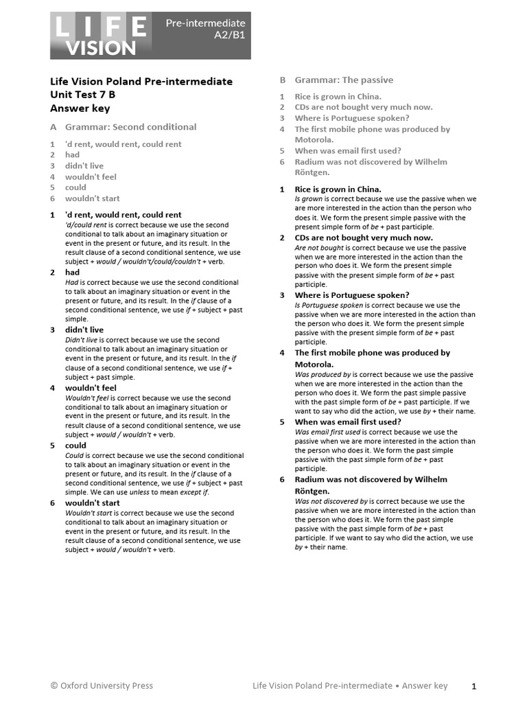 Lifevision Preint Unit 7b Answer Key | PDF | Verb | Adjective