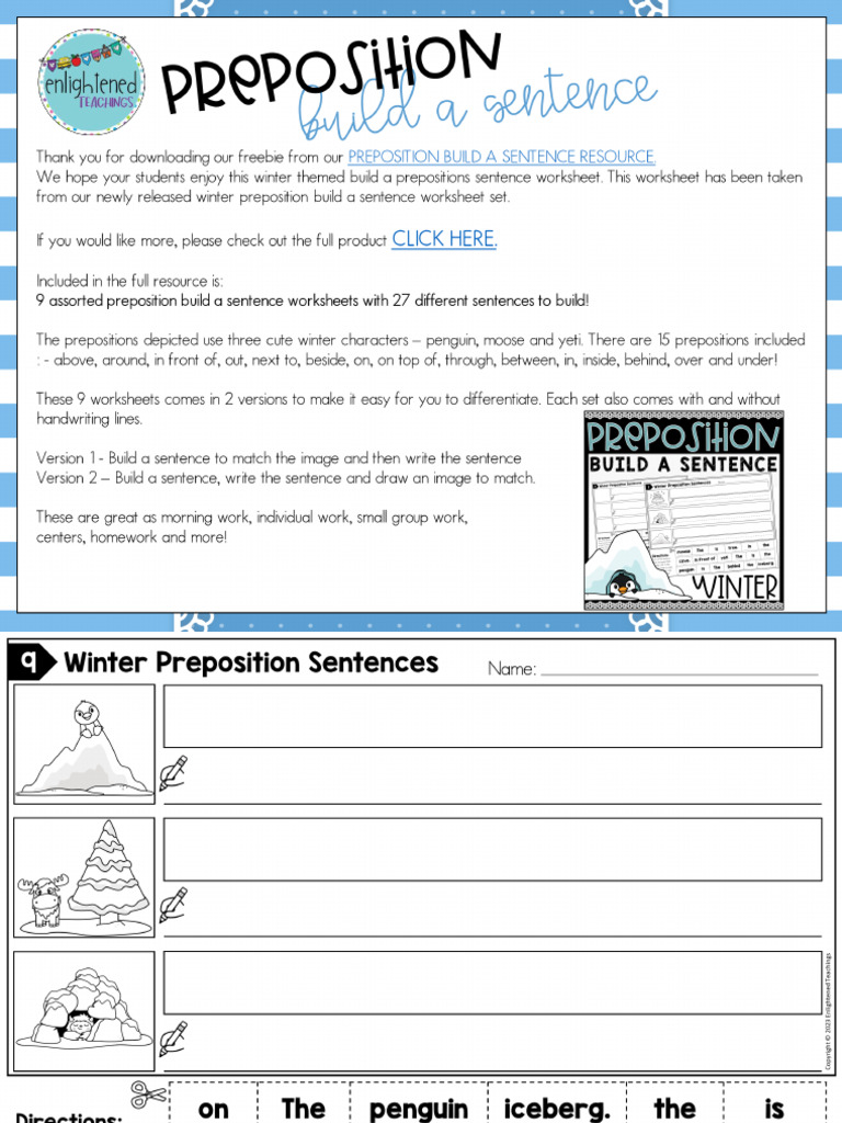 FREEWinterPrepositionsSentenceBuildingWorksheetWinterPrepositionWriting ...