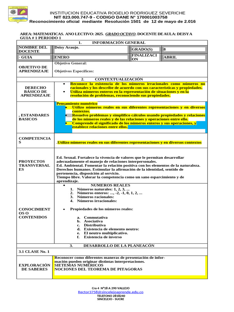 Guia 1-Periodo 1 Octavo | PDF | Números | Número Real