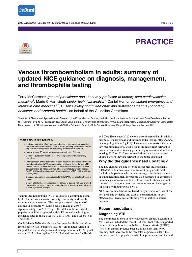 Venous Thromboembolism in Adults 2020 | PDF | Thrombosis | Clinical ...