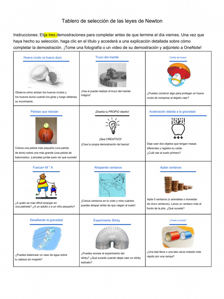 Newton's Laws Choice Board - Do Not Delete | PDF | Fuerza | Masa