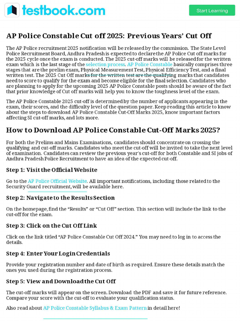 AP Police Constable Cut Off 2025 - Previous Years' Cut Off | PDF