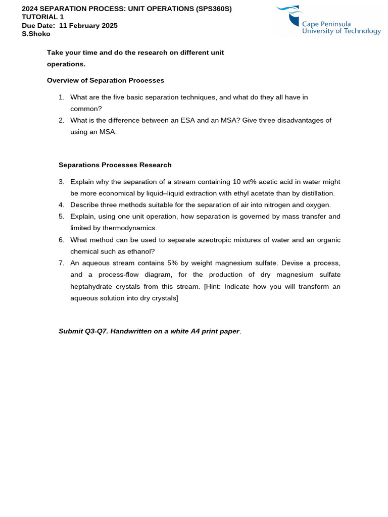 2024 Separation Process Tutorial Guide | PDF