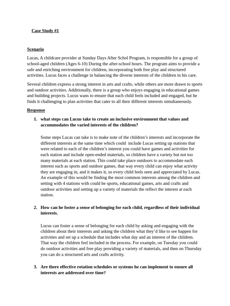 Issues in School Aged Care Case Studies | PDF