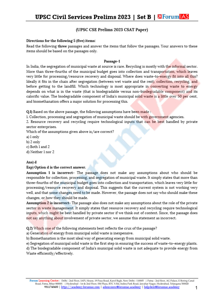 UPSC Civil Services Prelims 2023 CSAT | PDF | Governance | Organic Farming