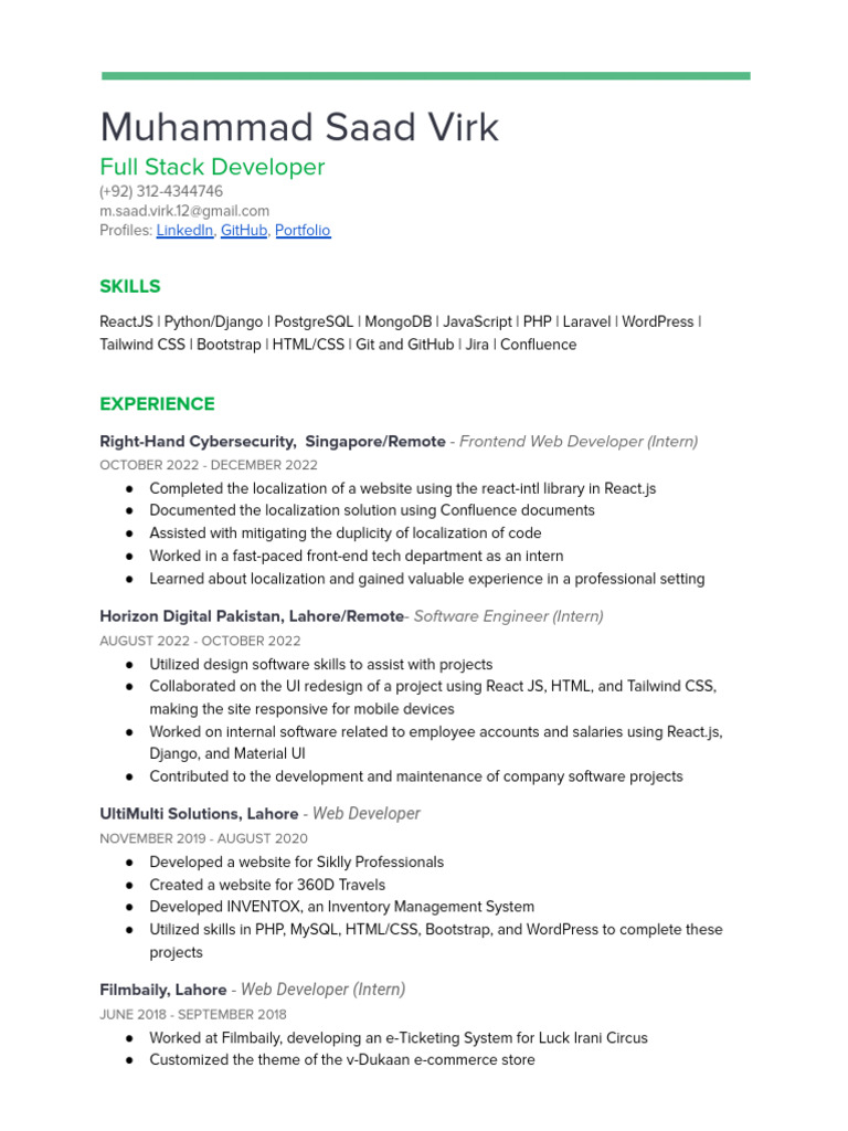 Muhammad Saad Virk (Full Stack Developer) | PDF | Bootstrap (Front End Framework) | Information ...