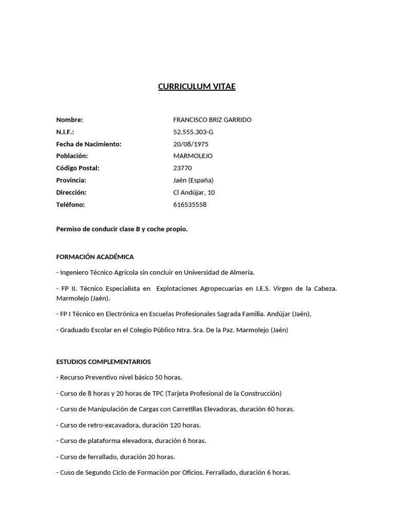 Curriculum Vitae Francisco Briz Garrido | PDF