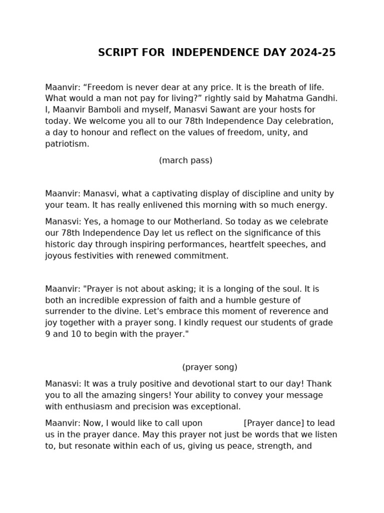 Independence Day Celebration Script 2024-25 | PDF | Prayer