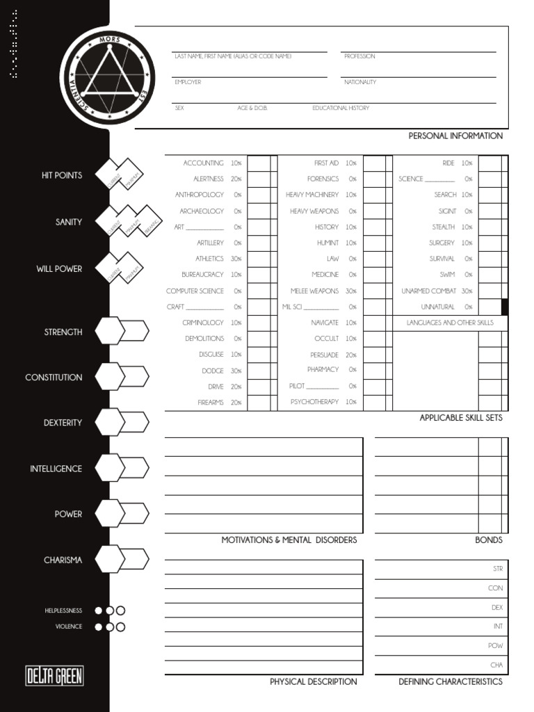 Delta Green Character Sheet - BW | PDF
