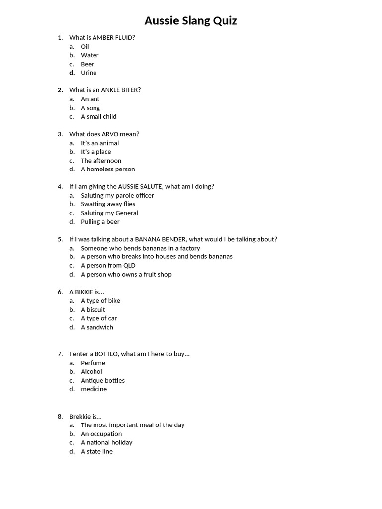 Aussie Slang Quiz | PDF