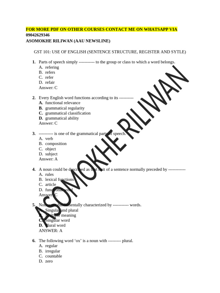 GST 101 Reading and Writing Skills RILIWAN | PDF | Noun | Part Of Speech