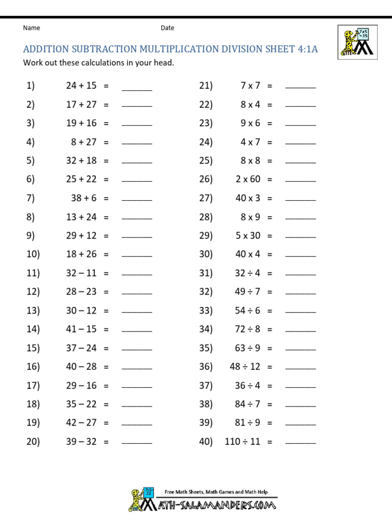 Addition Subtraction Multiplication Division Worksheet 4 1a | PDF ...