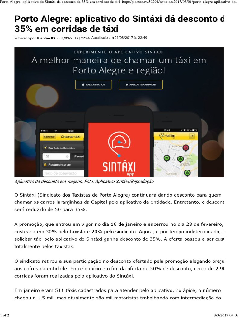 Aplicativo Do Sintáxi Dá Desconto de 35% em Corridas de Táxi Por Tempo Indeterminado | PDF