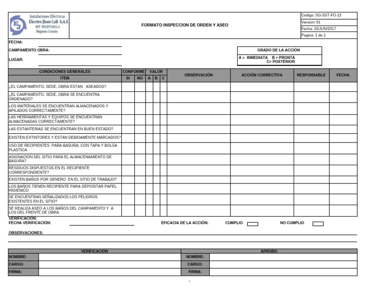 Sg-Sst-Fo-15 - Formato Inspeccion Orden y Aseo | PDF | Residuos | Contaminación