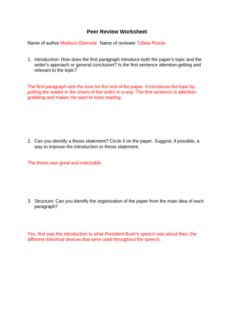 Peer Review Worksheet | PDF