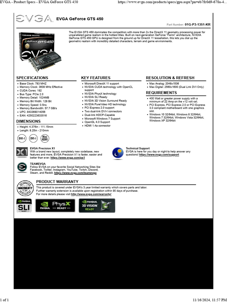 EVGA - Product Specs - EVGA GeForce GTS 450 | PDF | Computer Hardware | Ibm Pc Compatibles