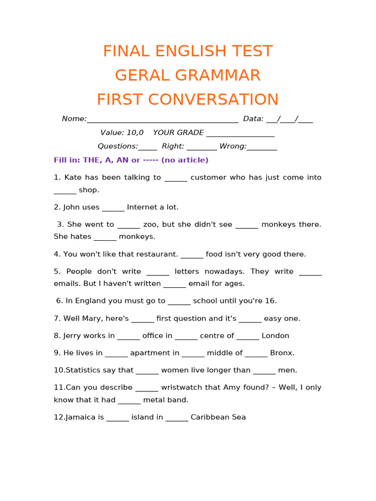 2024 Final Test First Conversation Geral Grammar | PDF | Linguistics