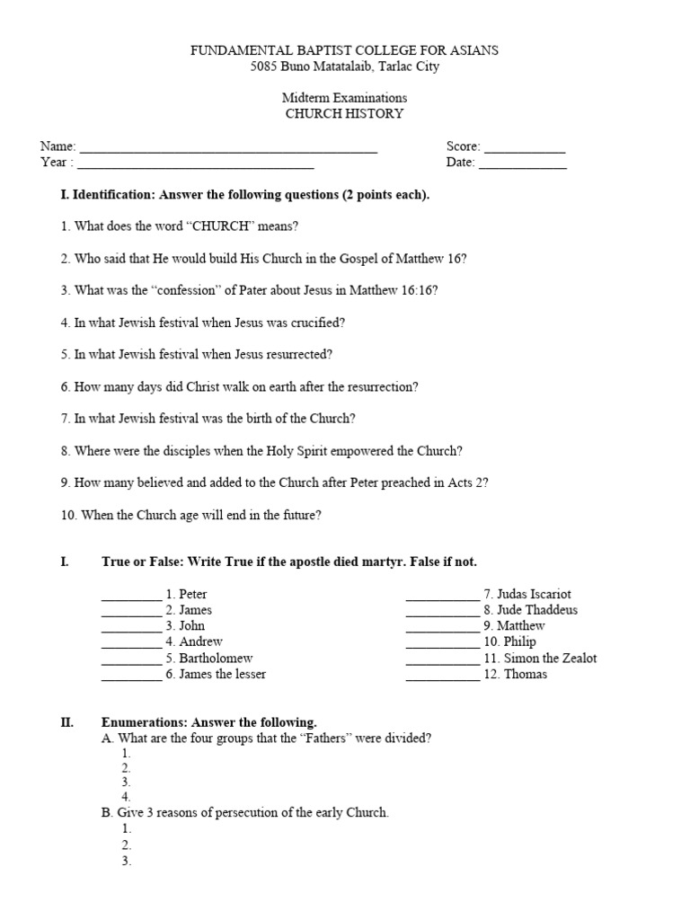 Church History Midterm Exam Guide | PDF | Jesus | Biblical Apostles