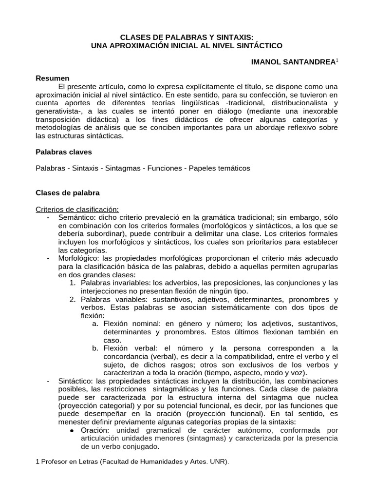 Clases de palabra y Sintaxis (1) | PDF | Asunto (gramática) | Predicado (Gramática)