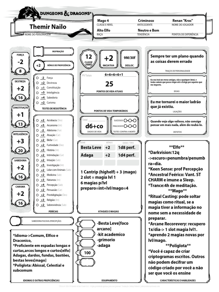 Ficha de Personagem: Mago Alto Elfo | PDF