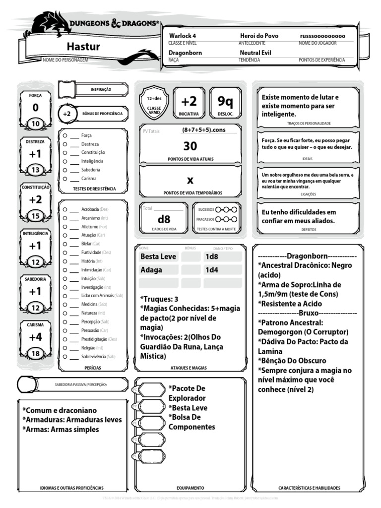 Ficha Warlock Dragonborn | PDF