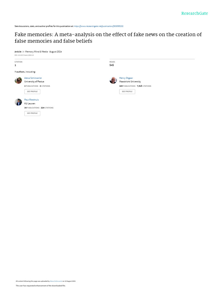 Fake Memories: A Meta-Analysis On The Effect of Fake News On The Creation of False Memories and ...