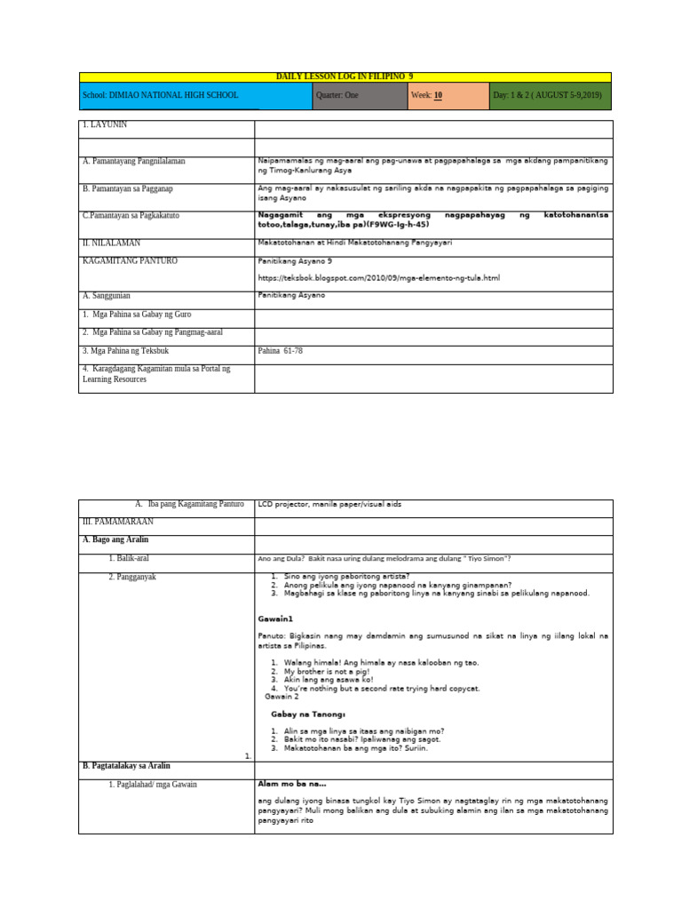 DLL Fil 9 Q1 WK 9 Day 1-2 | PDF