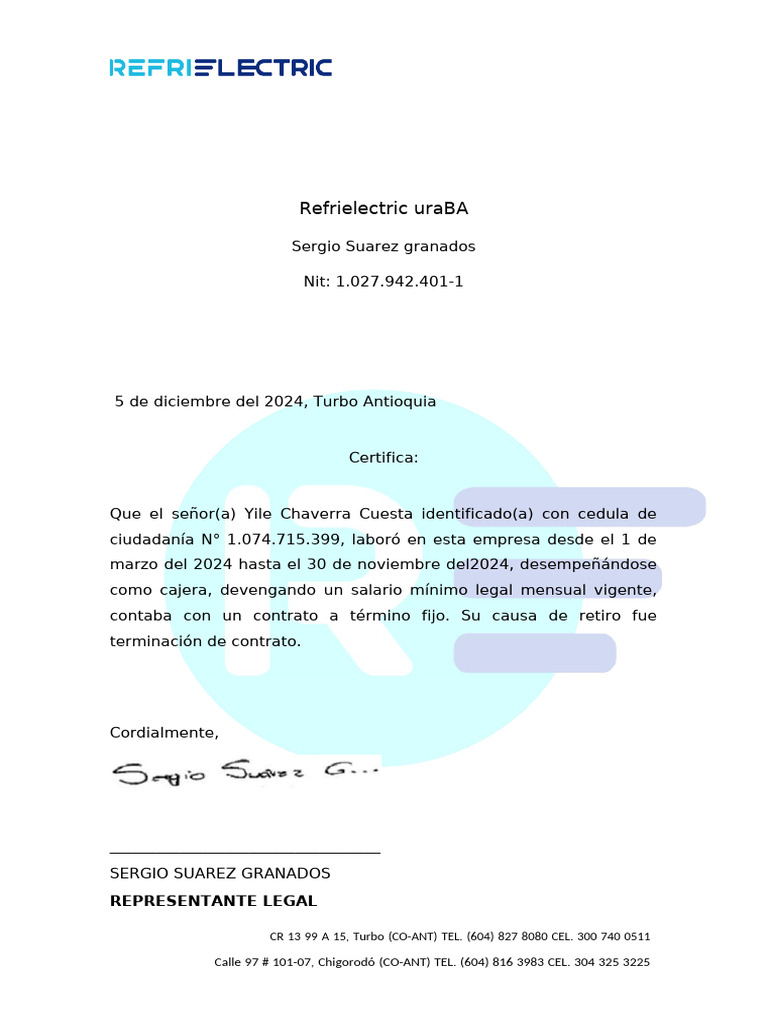 Certificación Laboral Yile Chaverra Cuesta | PDF