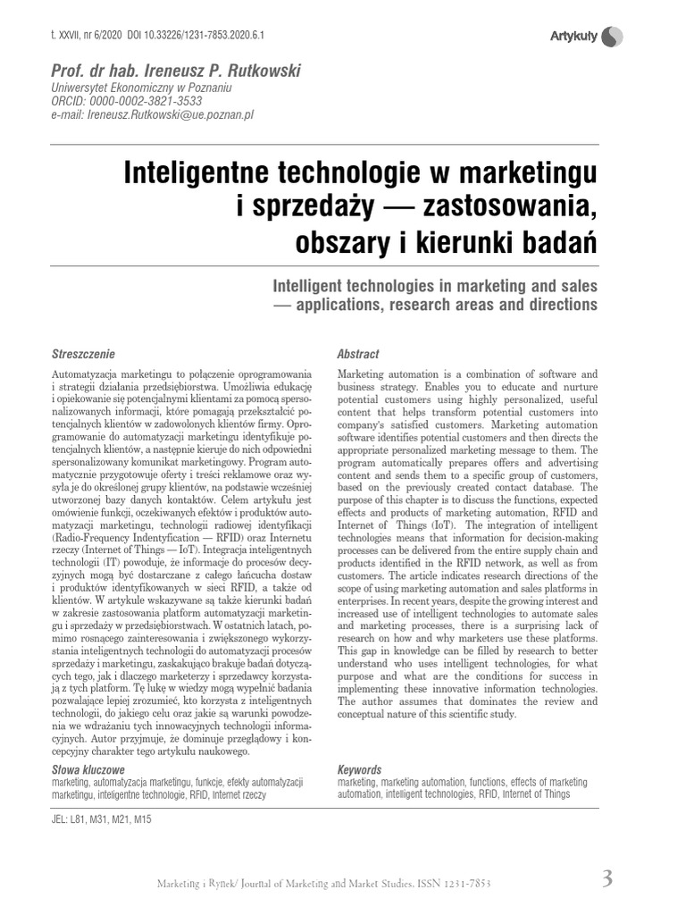 Inteligentne Technologie W Marketingu I Sprzedazy Zastosowania Obszary I Kierunki Badan ...