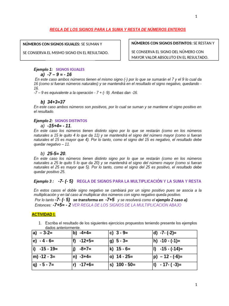 Reglas de Signos en Números Enteros | PDF | Multiplicación | Entero