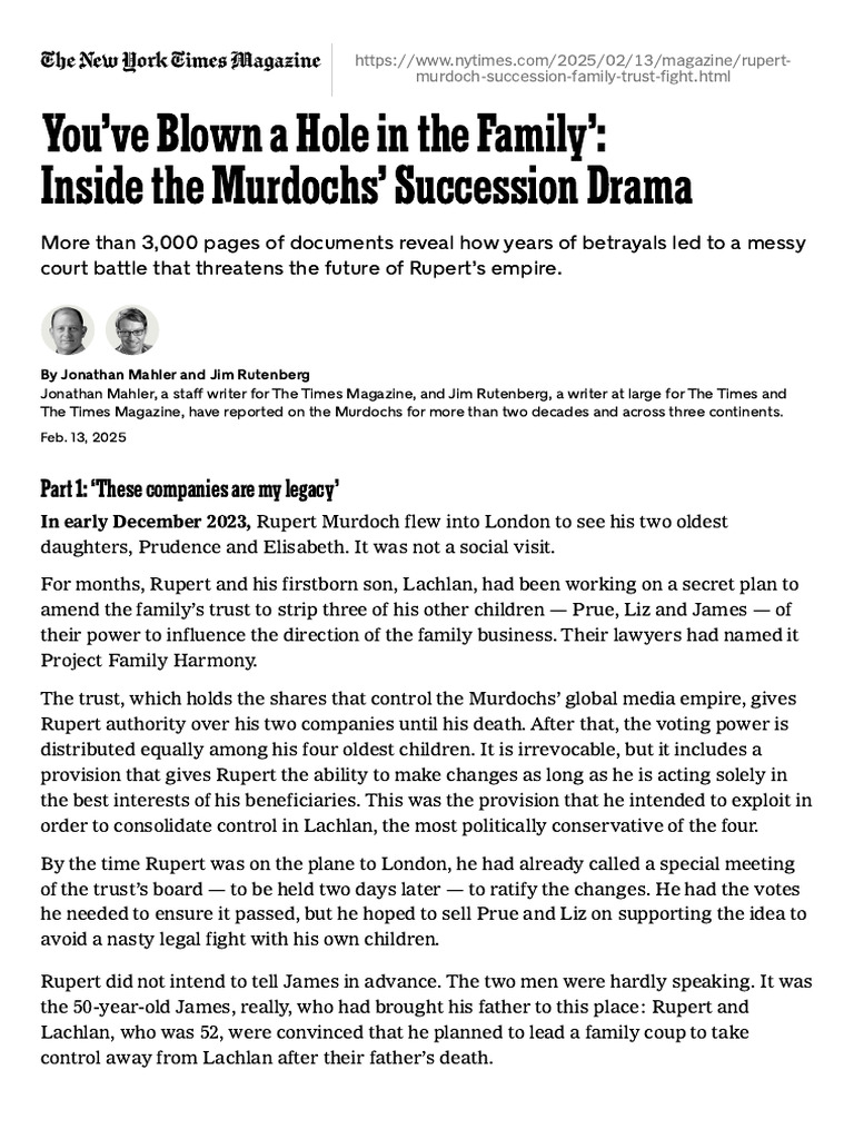 Inside The Murdochs' Succession Drama - The New York Times | PDF ...