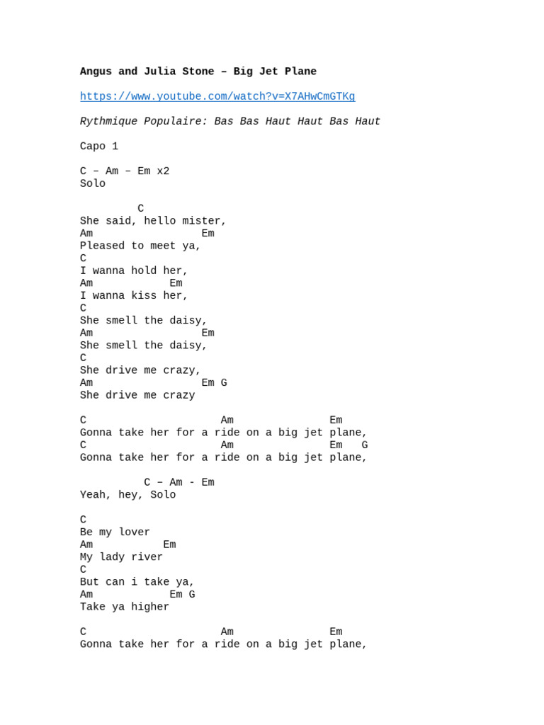 Big Jet Plane Chords and Lyrics | PDF | Popular Music | Folk Songs
