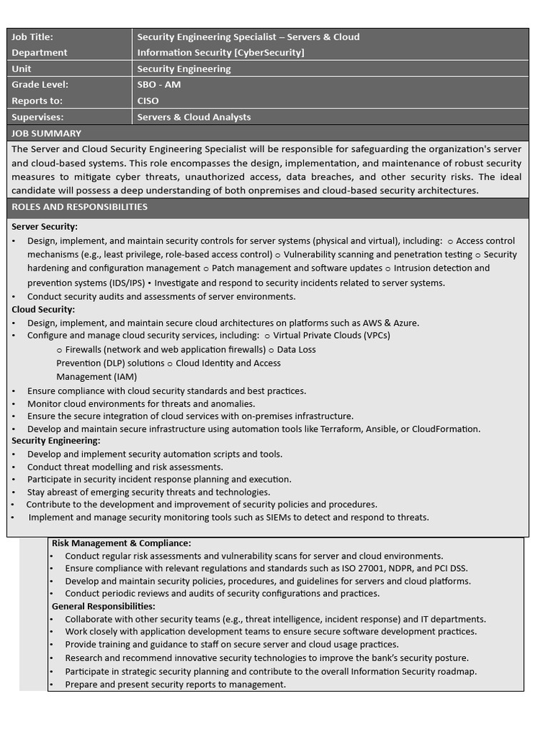 JD - Security Engineering Specialist - Servers Cloud | PDF | Security | Computer Security