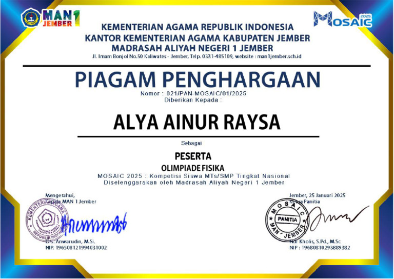 Sertifikat Alya Ainur Raysa | PDF