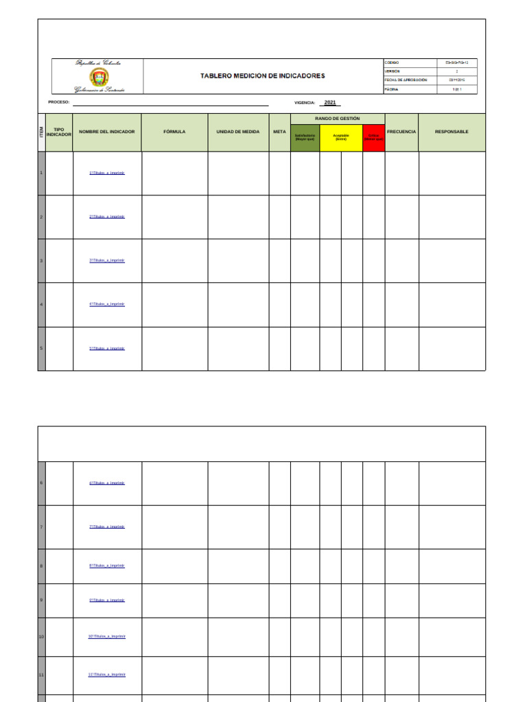 Modelo Tablero de Indicadores Porcentaje 2021 | PDF