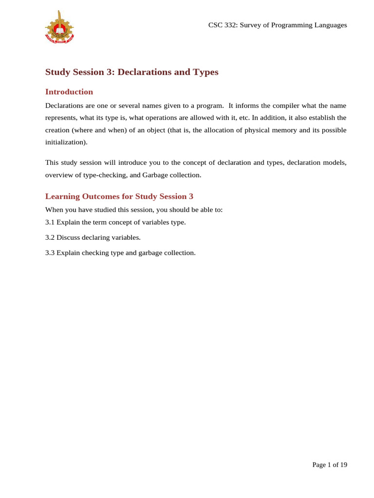 CSC 332 Study Session 3 | PDF | Variable (Computer Science) | Scope ... CSC 332 Study Session 3 | PDF | Variable (Computer Science) | Scope ...