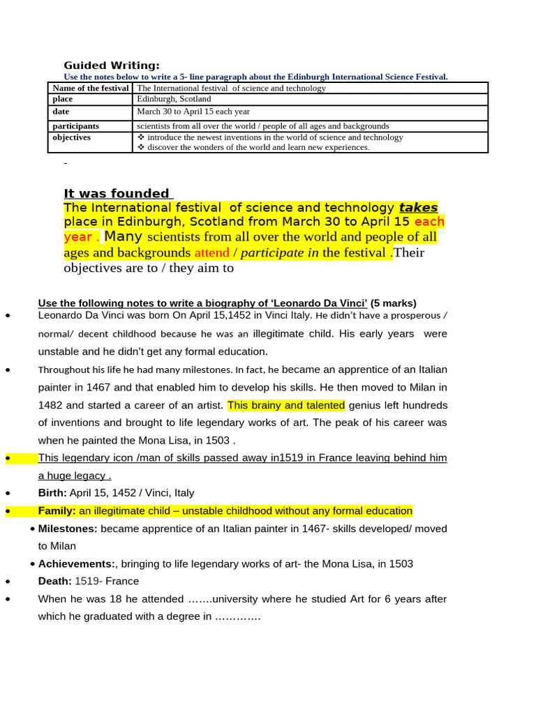 Guided Writing Unit 1 and 2 Corrected | PDF | Leonardo Da Vinci