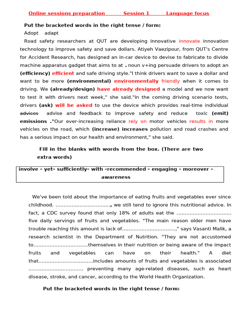 Language Exercises Session 1 Corrected | PDF | Dieting | Fat