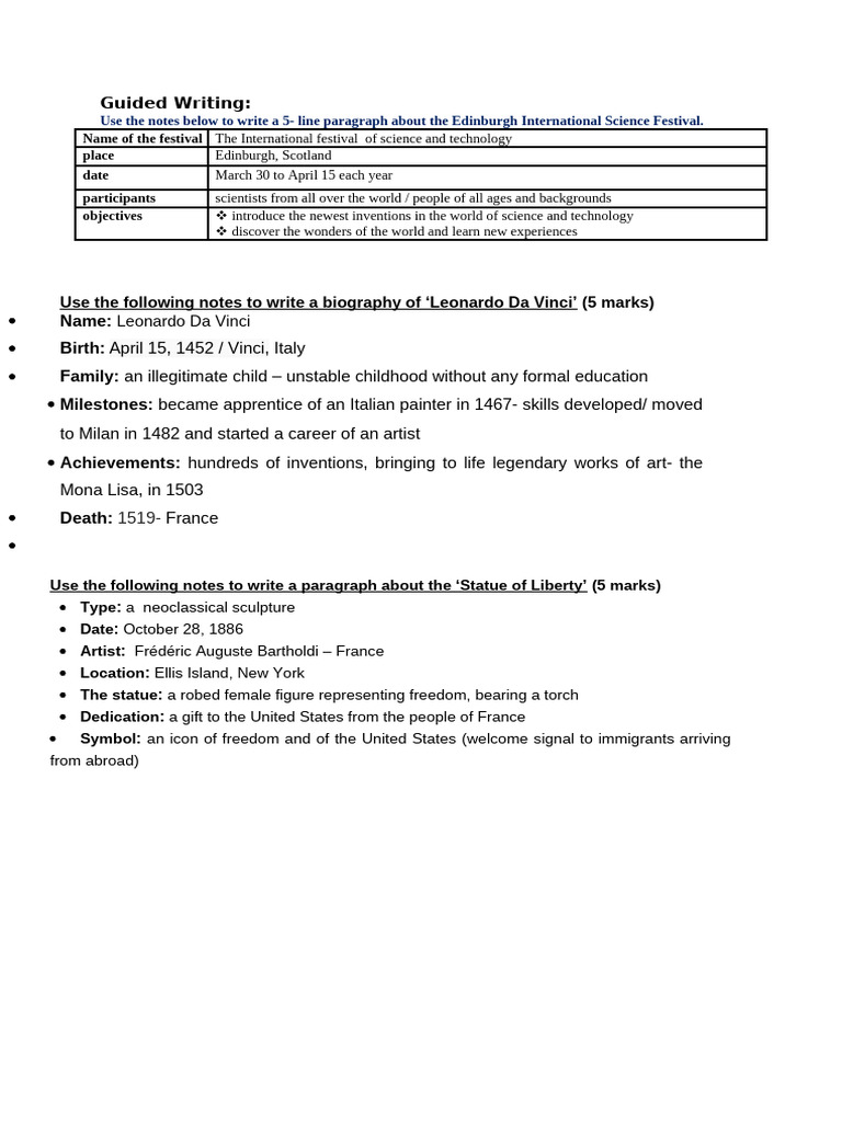 Guided Writing Unit 1 and 2 | PDF | Leonardo Da Vinci