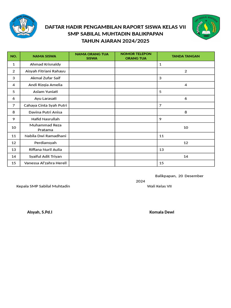 Daftar Hadir Pengambilan Raport Siswa Ta 2024 - 2025 | PDF