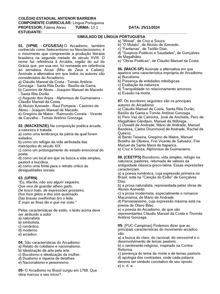 SIMULADO de Língua Portuguesa .Docx Quarto BIMESTRE 13.1 | PDF | Romantismo