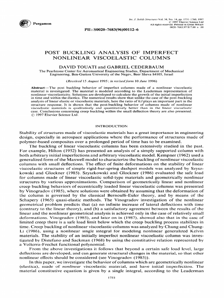 1997-Post buckling analysis of imperfect nonlinear viscoelastic columns | PDF | Viscoelasticity ...