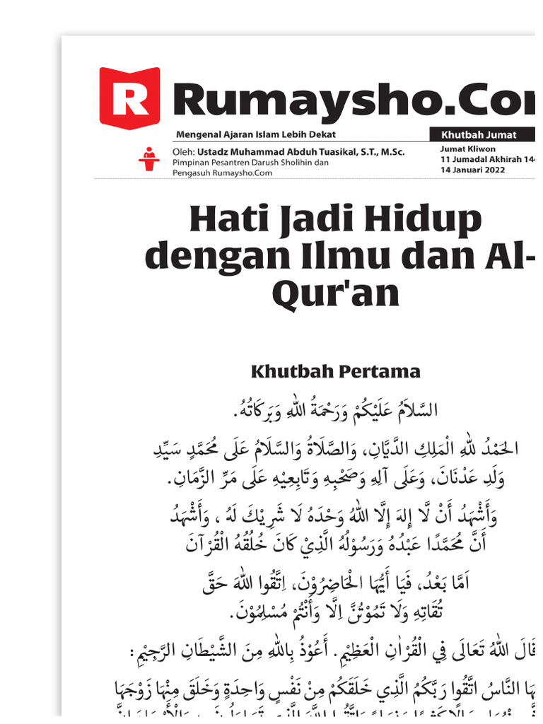 Khutbah Jumat Ilmu Dan Al Quran Hidupkan Hati PDF | PDF